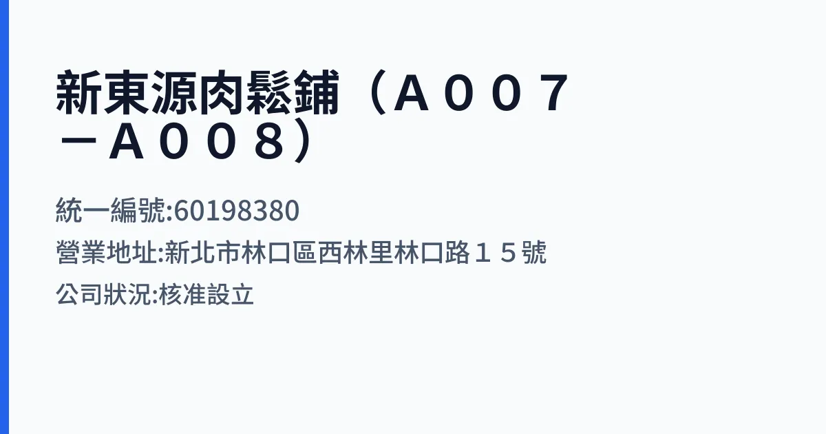 新東源肉鬆鋪（Ａ００７－Ａ００８） - 統編 60198380(新北市) 公司登記資料與營業項目詳細圖表