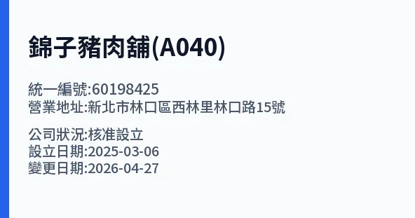 錦子豬肉舖(A040)的照片-統編 60198425(新北市) 公司登記資料與營業項目詳細圖表