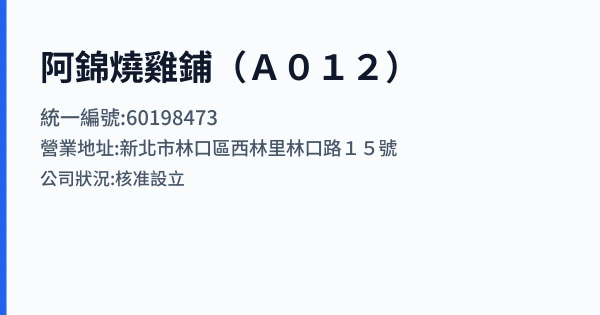 阿錦燒雞鋪(A012) - 統編 60198473(新北市) 公司登記資料與營業項目詳細圖表