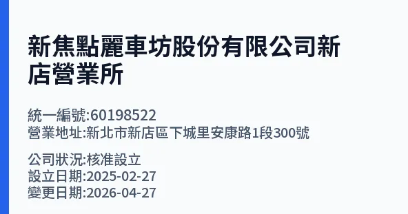 新焦點麗車坊股份有限公司新店營業所的照片-統編 60198522(新北市) 公司登記資料與營業項目詳細圖表