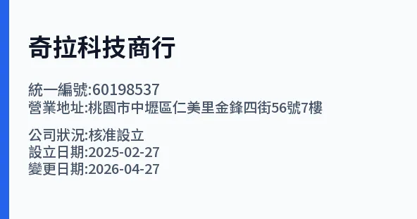 奇拉科技商行的照片-統編 60198537(桃園市) 公司登記資料與營業項目詳細圖表