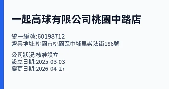 一起高球有限公司桃園中路店的照片-統編 60198712(桃園市) 公司登記資料與營業項目詳細圖表