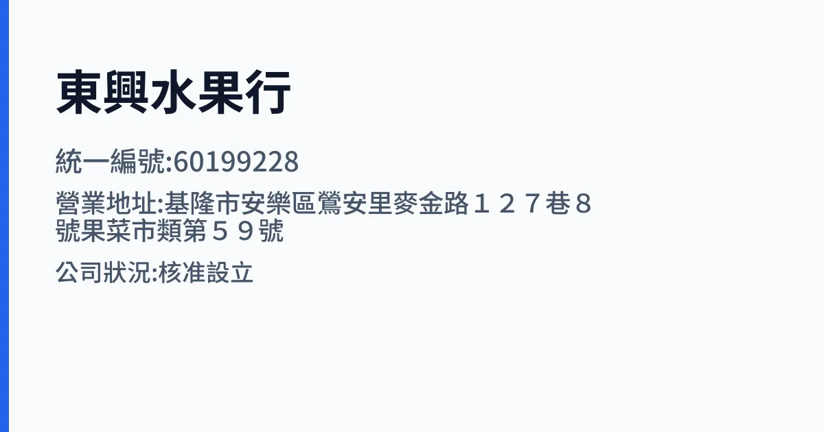 東興水果行 - 統編 60199228(基隆市) 公司登記資料與營業項目詳細圖表