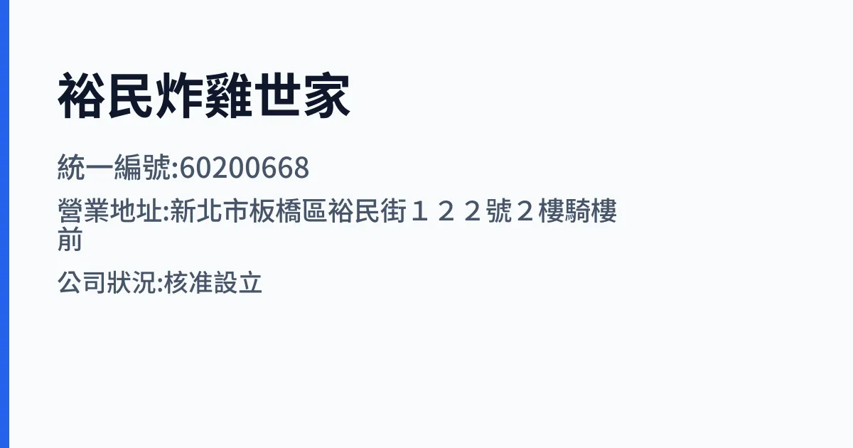 裕民炸雞世家 - 統編 60200668(新北市) 公司登記資料與營業項目詳細圖表
