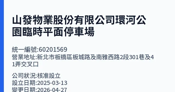 山發物業股份有限公司環河公園臨時平面停車場的照片-統編 60201569(新北市) 公司登記資料與營業項目詳細圖表