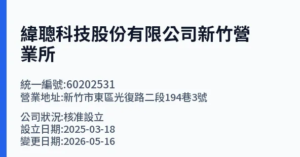 緯聰科技股份有限公司新竹營業所的照片-統編 60202531(新竹市) 公司登記資料與營業項目詳細圖表