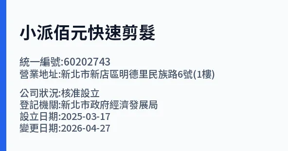 小派佰元快速剪髮的照片-統編 60202743(新北市) 公司登記資料與營業項目詳細圖表