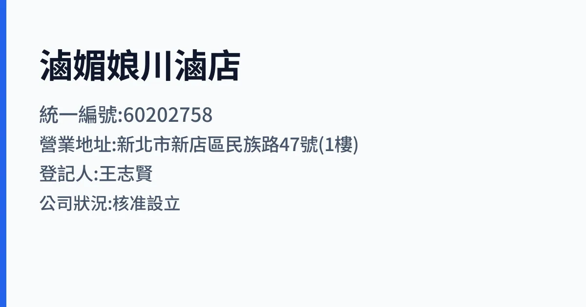 滷媚娘川滷店 - 統編 60202758(新北市) 公司登記資料與營業項目詳細圖表