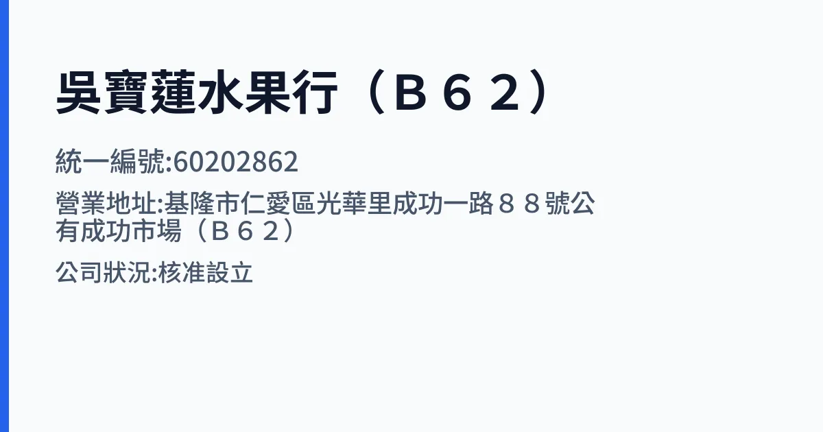 吳寶蓮水果行（Ｂ６２） - 統編 60202862(基隆市) 公司登記資料與營業項目詳細圖表