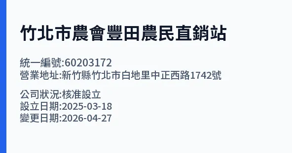 竹北市農會豐田農民直銷站的照片-統編 60203172(新竹縣) 公司登記資料與營業項目詳細圖表