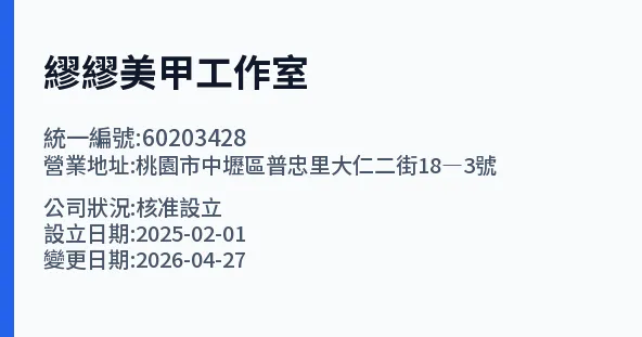 繆繆美甲工作室的照片-統編 60203428(桃園市) 公司登記資料與營業項目詳細圖表