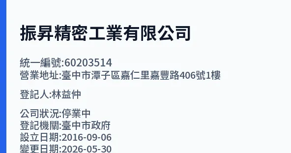 振昇精密工業有限公司的照片-統編 60203514(臺中市) 公司登記資料與營業項目詳細圖表