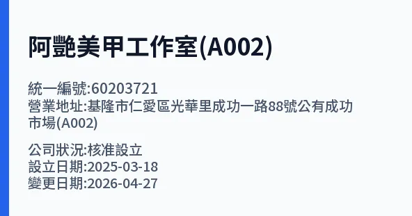 阿艷美甲工作室(A002)的照片-統編 60203721(基隆市) 公司登記資料與營業項目詳細圖表
