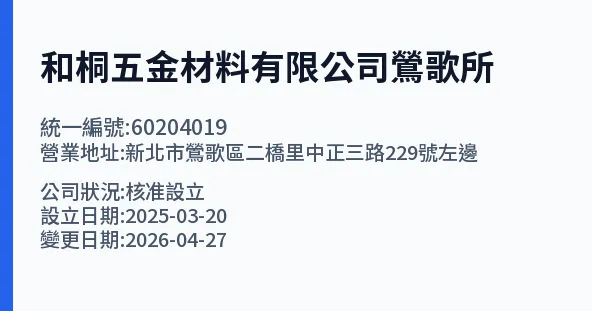 和桐五金材料有限公司鶯歌所的照片-統編 60204019(新北市) 公司登記資料與營業項目詳細圖表