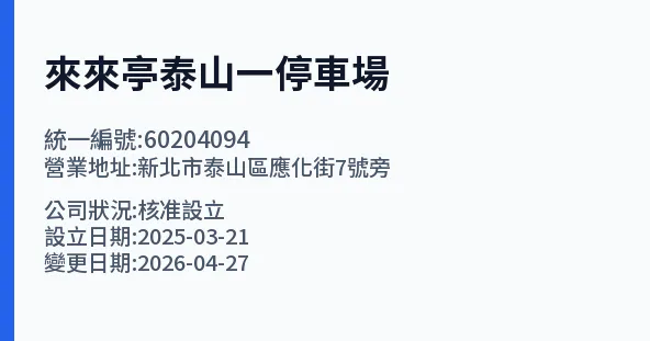 來來亭泰山一停車場的照片-統編 60204094(新北市) 公司登記資料與營業項目詳細圖表