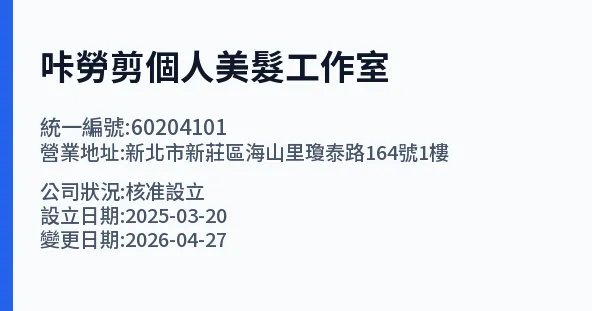 咔勞剪個人美髮工作室的照片-統編 60204101(新北市) 公司登記資料與營業項目詳細圖表