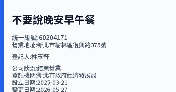 不要說晚安早午餐的照片-統編 60204171(新北市) 公司登記資料與營業項目詳細圖表