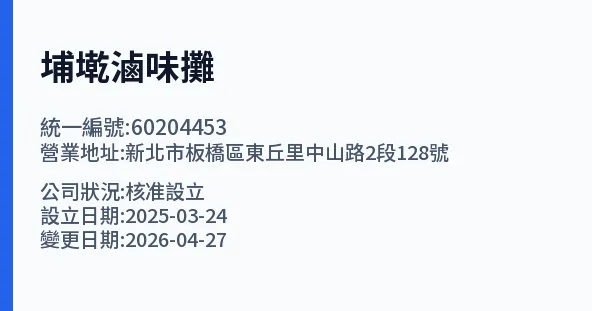 埔墘滷味攤的照片-統編 60204453(新北市) 公司登記資料與營業項目詳細圖表
