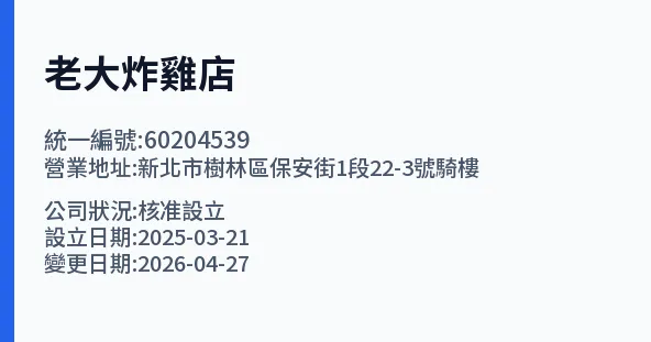 老大炸雞店的照片-統編 60204539(新北市) 公司登記資料與營業項目詳細圖表