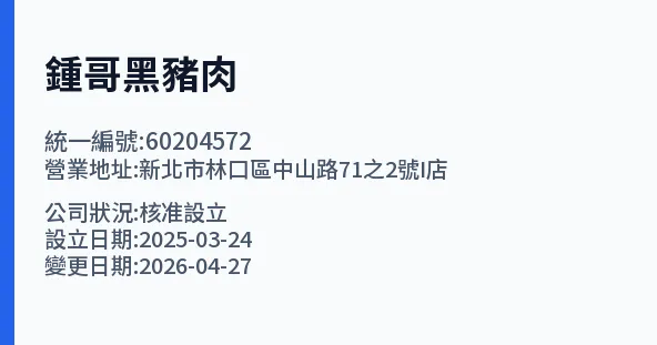 鍾哥黑豬肉的照片-統編 60204572(新北市) 公司登記資料與營業項目詳細圖表