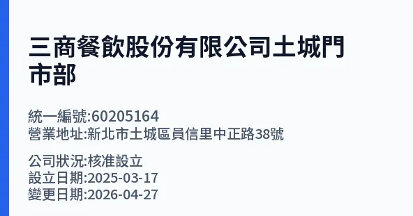 三商餐飲股份有限公司土城門市部的照片-統編 60205164(新北市) 公司登記資料與營業項目詳細圖表