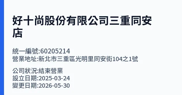 好十尚股份有限公司三重同安店的照片-統編 60205214(新北市) 公司登記資料與營業項目詳細圖表