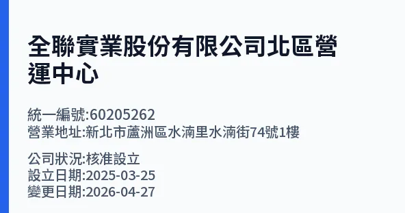 全聯實業股份有限公司北區營運中心的照片-統編 60205262(新北市) 公司登記資料與營業項目詳細圖表