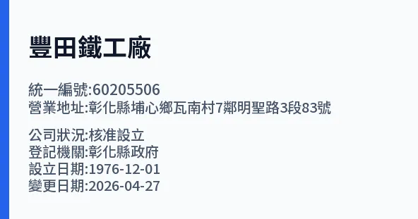 豐田鐵工廠的照片-統編 60205506(彰化縣) 公司登記資料與營業項目詳細圖表