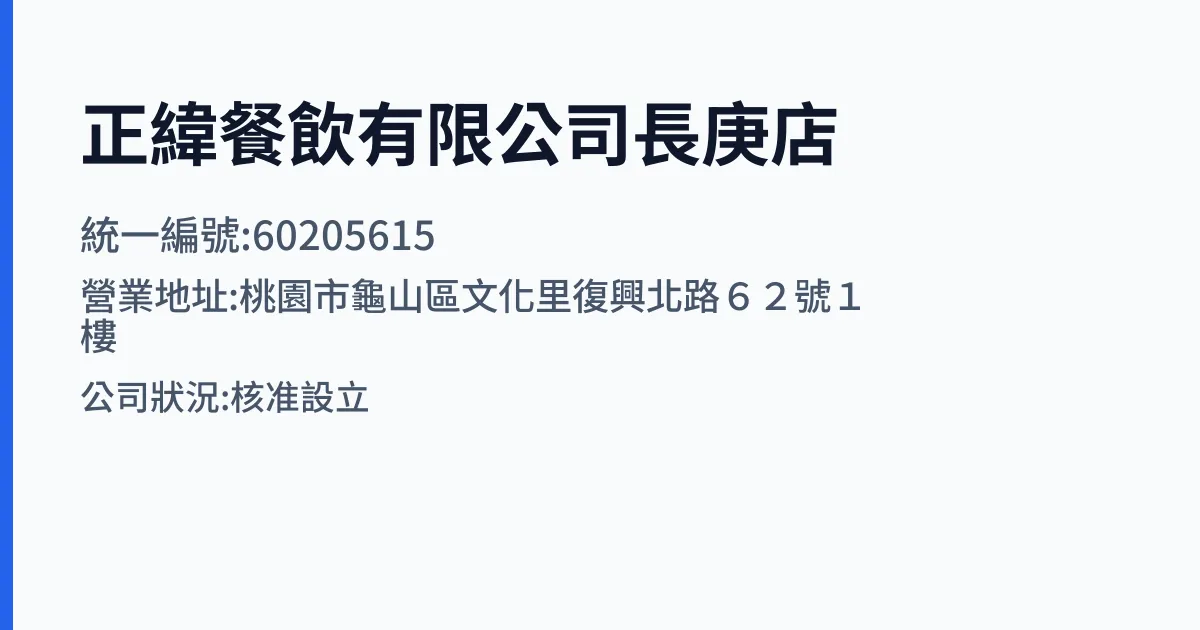 正緯餐飲有限公司長庚店 - 統編 60205615（桃園市） 公司登記資料與營業項目詳細圖表