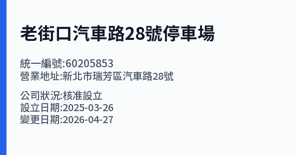 老街口汽車路28號停車場的照片-統編 60205853(新北市) 公司登記資料與營業項目詳細圖表