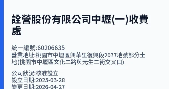 詮營股份有限公司中壢(一)收費處的照片-統編 60206635(桃園市) 公司登記資料與營業項目詳細圖表
