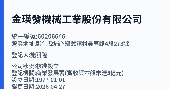 金瑛發機械工業股份有限公司的照片-統編 60206646(彰化縣) 公司登記資料與營業項目詳細圖表