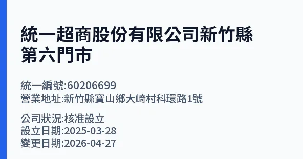 統一超商股份有限公司新竹縣第六門市的照片-統編 60206699(新竹縣) 公司登記資料與營業項目詳細圖表