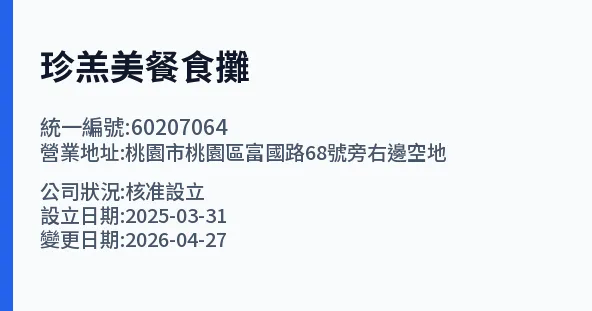 珍羔美餐食攤的照片-統編 60207064(桃園市) 公司登記資料與營業項目詳細圖表