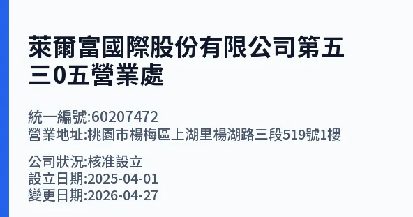 萊爾富國際股份有限公司第五三0五營業處的照片-統編 60207472(桃園市) 公司登記資料與營業項目詳細圖表