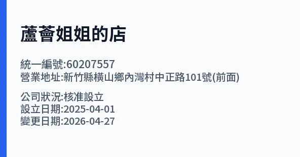 蘆薈姐姐的店的照片-統編 60207557(新竹縣) 公司登記資料與營業項目詳細圖表