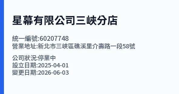 星幕有限公司三峽分店的照片-統編 60207748(新北市) 公司登記資料與營業項目詳細圖表