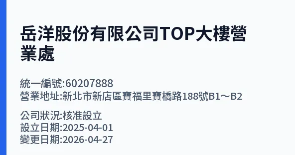 岳洋股份有限公司TOP大樓營業處的照片-統編 60207888(新北市) 公司登記資料與營業項目詳細圖表