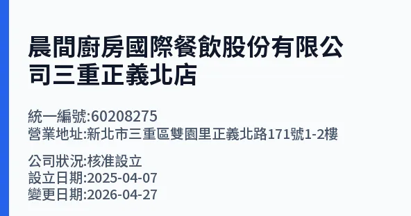 晨間廚房國際餐飲股份有限公司三重正義北店的照片-統編 60208275(新北市) 公司登記資料與營業項目詳細圖表