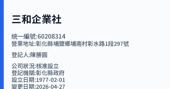 三和企業社的照片-統編 60208314(彰化縣) 公司登記資料與營業項目詳細圖表