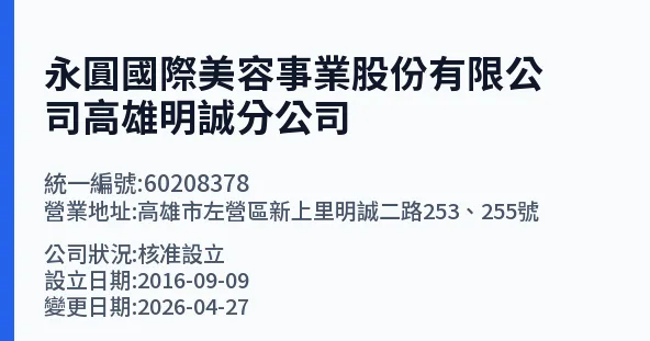 永圓國際美容事業股份有限公司高雄明誠分公司的照片-統編 60208378(高雄市) 公司登記資料與營業項目詳細圖表