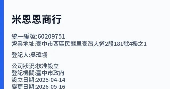 米恩恩商行的照片-統編 60209751(臺中市) 公司登記資料與營業項目詳細圖表