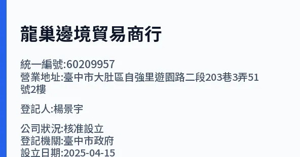 龍巢邊境貿易商行的照片-統編 60209957(臺中市) 公司登記資料與營業項目詳細圖表