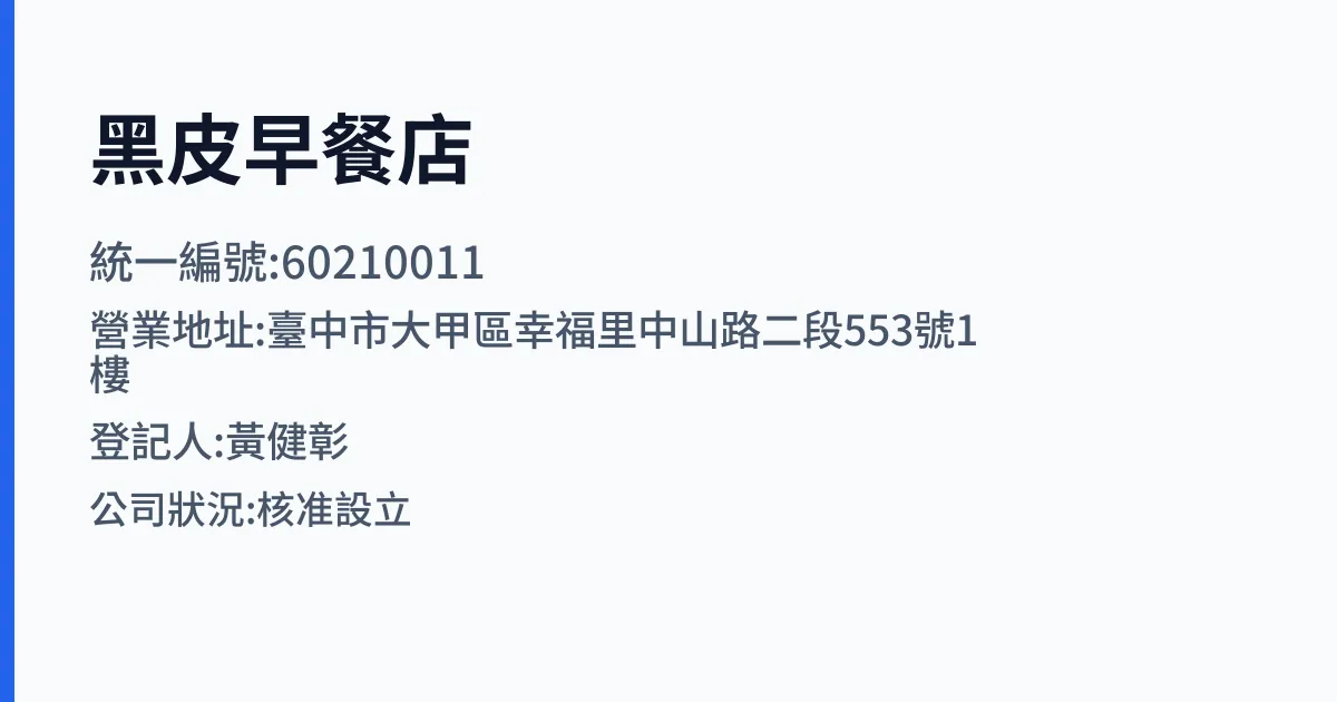 黑皮早餐店 - 統編 60210011(臺中市) 公司登記資料與營業項目詳細圖表