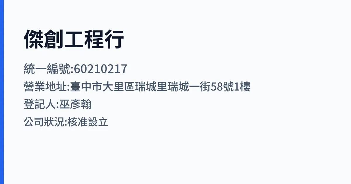 傑創工程行 - 統編 60210217(臺中市) 公司登記資料與營業項目詳細圖表