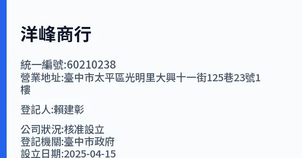 洋峰商行的照片-統編 60210238(臺中市) 公司登記資料與營業項目詳細圖表