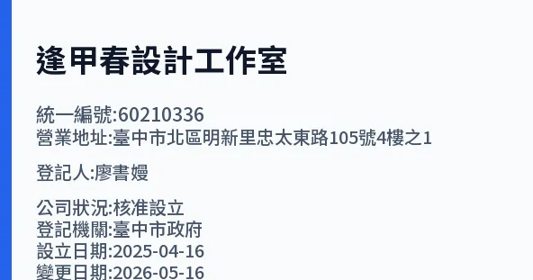 逢甲春設計工作室的照片-統編 60210336(臺中市) 公司登記資料與營業項目詳細圖表