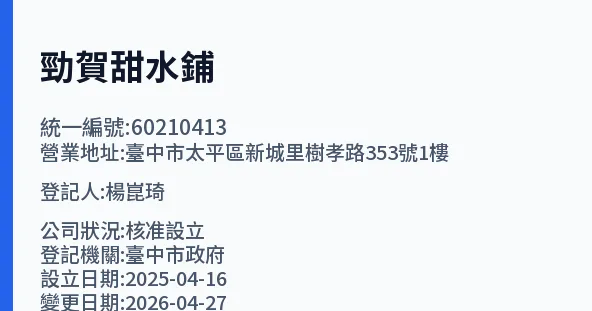 勁賀甜水鋪的照片-統編 60210413(臺中市) 公司登記資料與營業項目詳細圖表