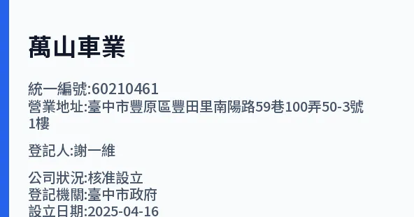 萬山車業的照片-統編 60210461(臺中市) 公司登記資料與營業項目詳細圖表