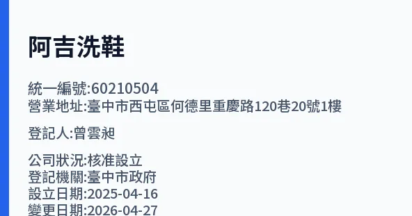 阿吉洗鞋的照片-統編 60210504(臺中市) 公司登記資料與營業項目詳細圖表